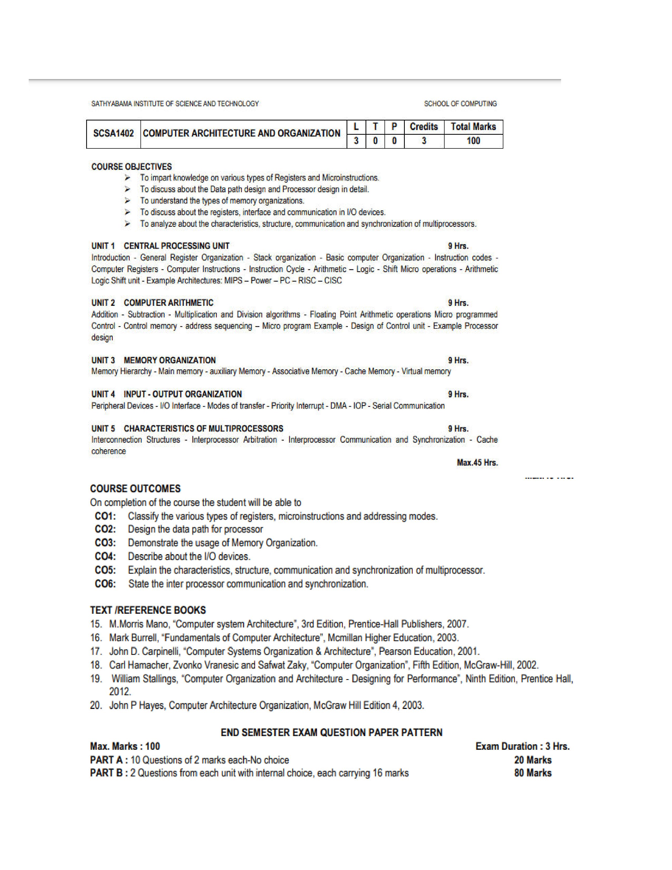 Summary of SCSA1402-Computer Architecture and Organization-CSE/IT-CORE-V Semester-2024